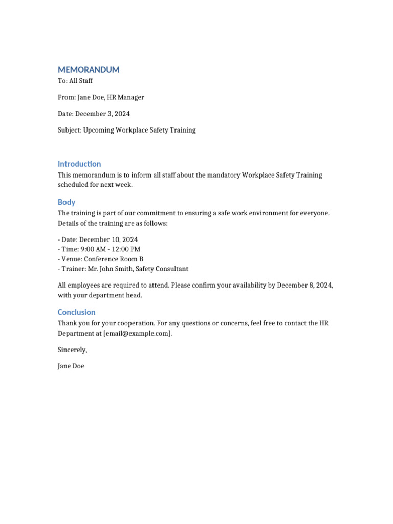 Memorandum Upcoming Workplace Safety Training | PDF