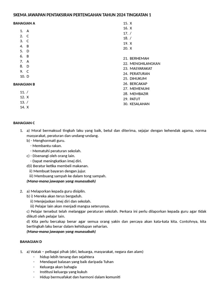 SKEMA JAWAPAN PPT TINGKATAN 1 TAHUN 2024 | PDF