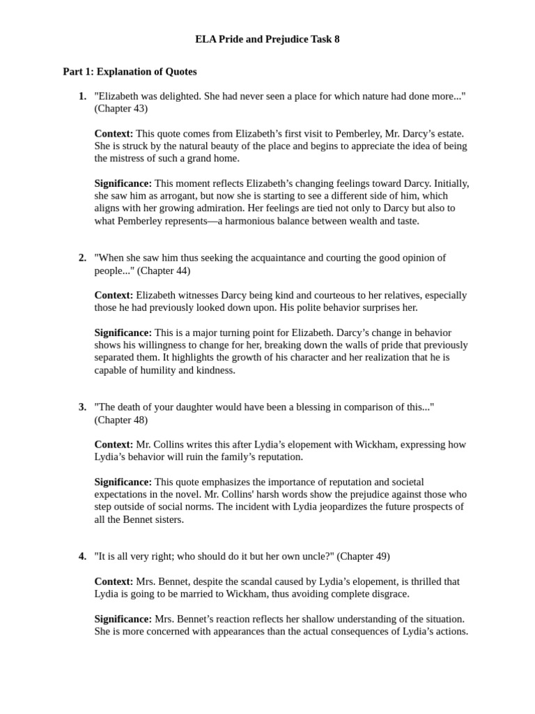 ELA Pride and Prejudice Task 8-Finished | PDF | Mr. Darcy | Pride And ...