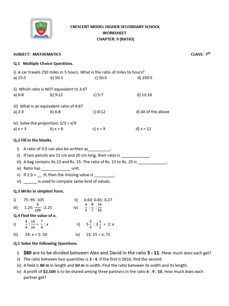 Worksheet Chapter 9A (2024 - 2025) | PDF
