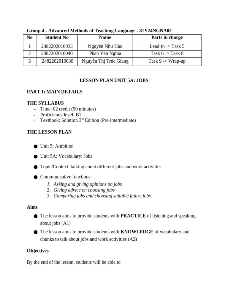 Group 4 - Advanced Methods of Teaching Language - FINAL LESSON PLAN ...