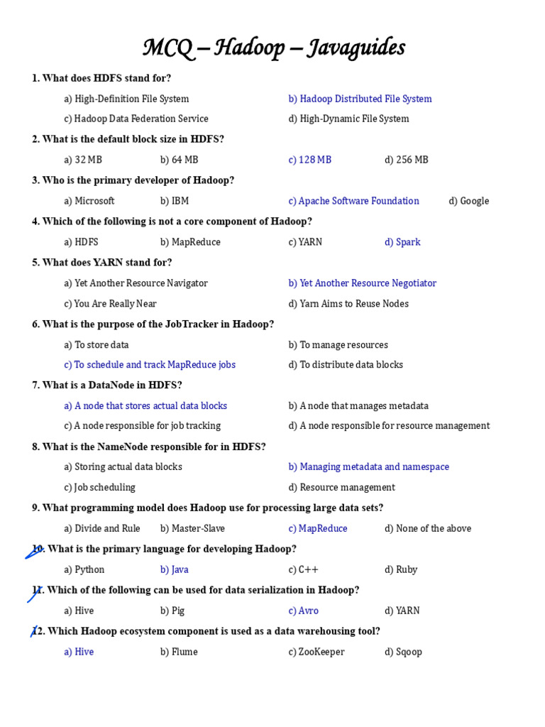 Hadoop MCQ Questions and Answers | PDF | Apache Hadoop | Computer Science