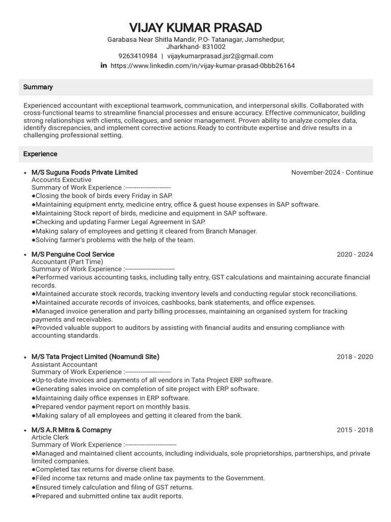 Vijay Kumar Prasad - Accountant Resume | PDF | Audit | Business