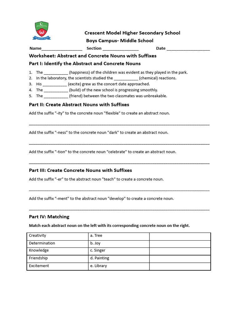 Worksheet of Abstract and Concrete Noun | PDF