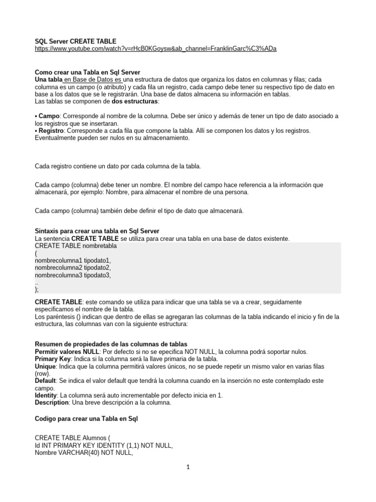 01 SQL server CREATE TABLE | PDF | SQL | Servidor SQL de Microsoft 01 SQL server CREATE TABLE | PDF | SQL | Servidor SQL de Microsoft