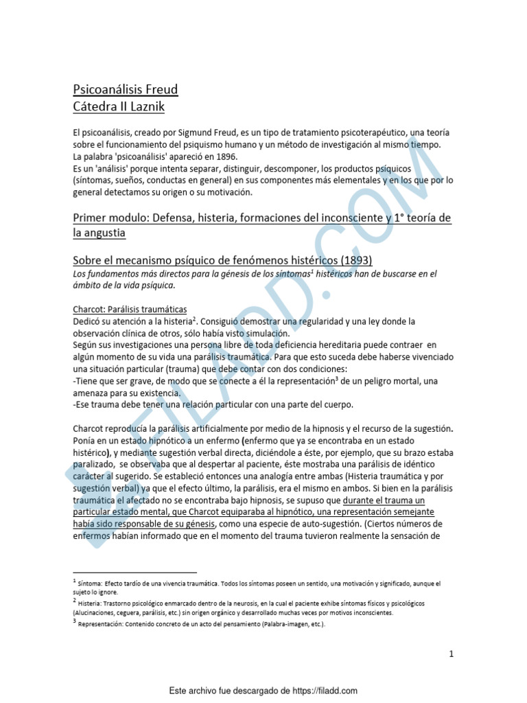 Resumen Primer Parcial Psicoanalisis Freud | PDF | Trauma psicólogico | Hipnosis