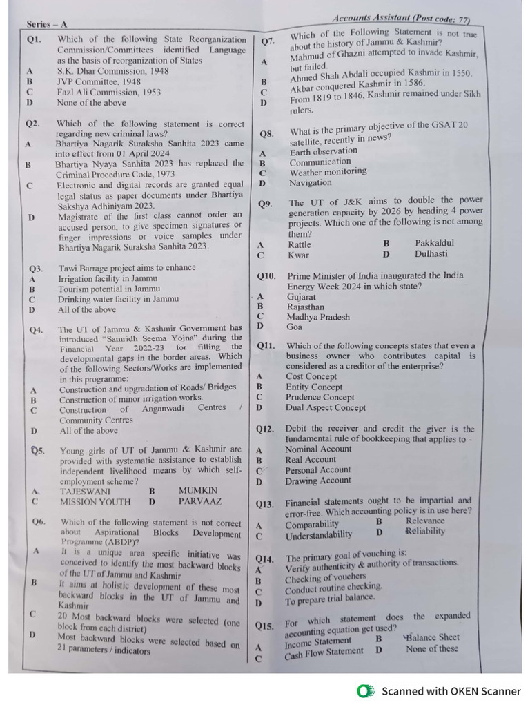 Skuast K Account Assistant Paper 2024 Set A Mission Success | PDF