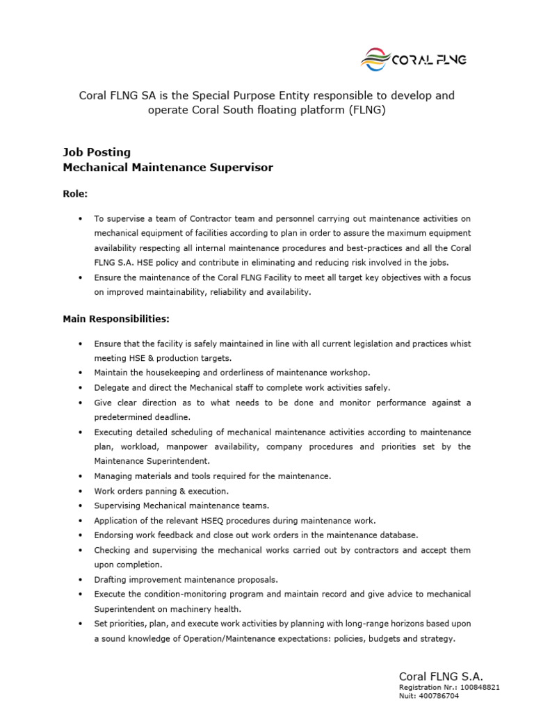 Mechanical Maintenance Supervisor Job at Coral FLNG | PDF | Reliability ...