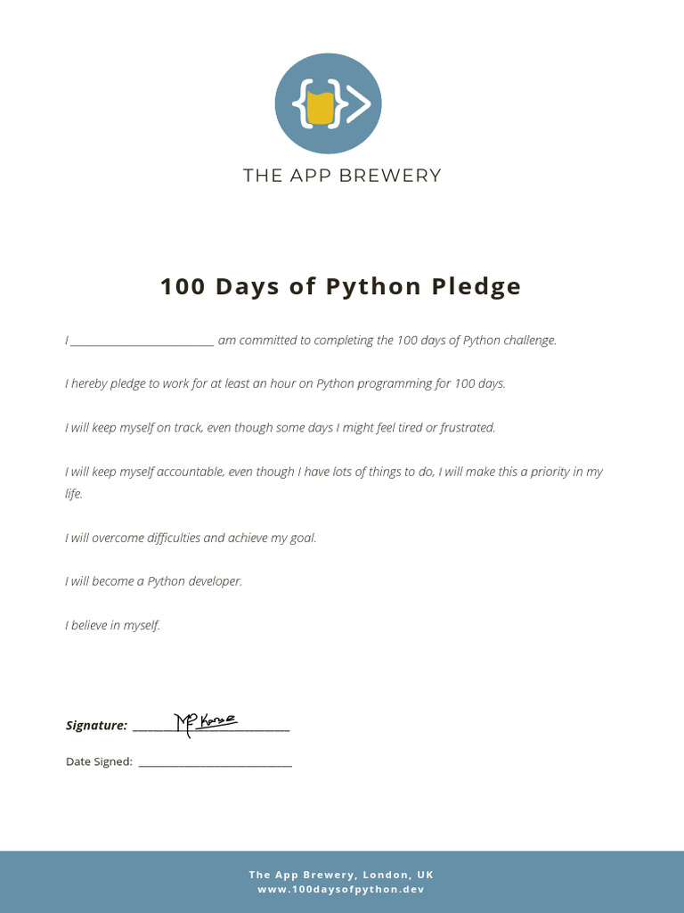 Course Pledge - App Brewery 100 Days of Python | PDF