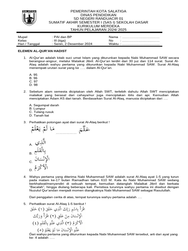 SOAL PAI KELAS 3 SEMESTER 1 | PDF