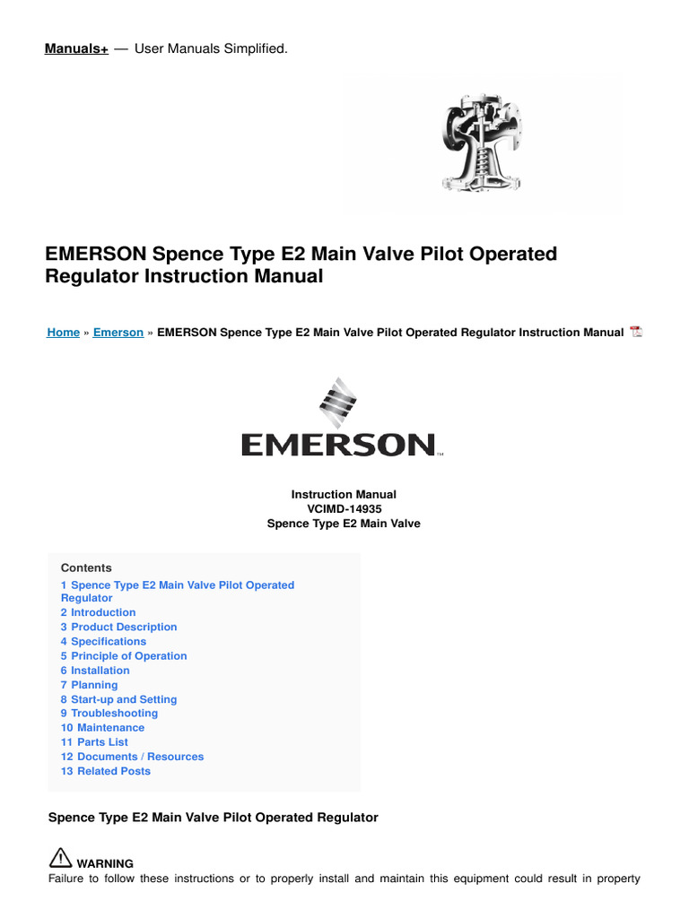 Spence Type E2 Main Valve Pilot Operated Regulator Manual | PDF | Valve ...