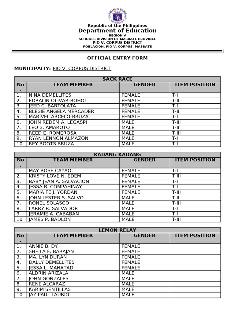 Participants Offcial Entry Form | PDF