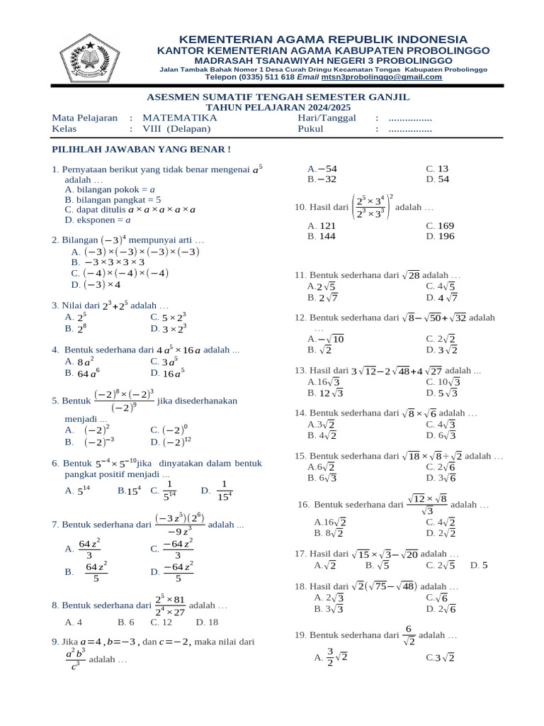 8_Matematika_Master Soal ASAS Ganjil 2024 2025 | PDF