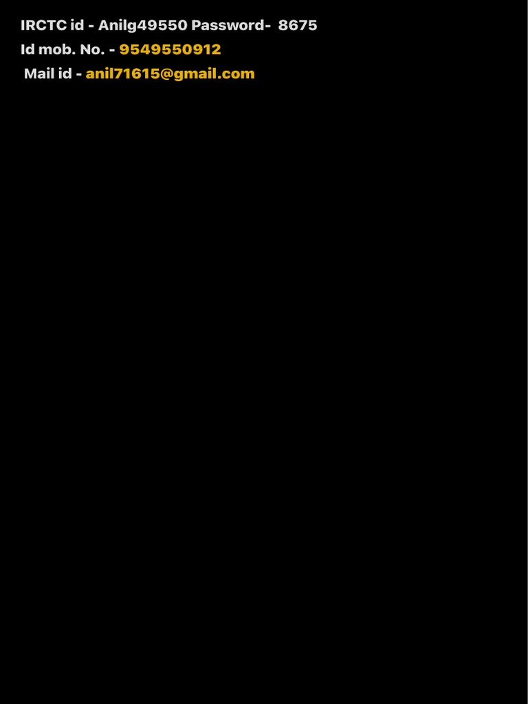 IRCTC Id - Anilg49550 Password - 8675 | PDF