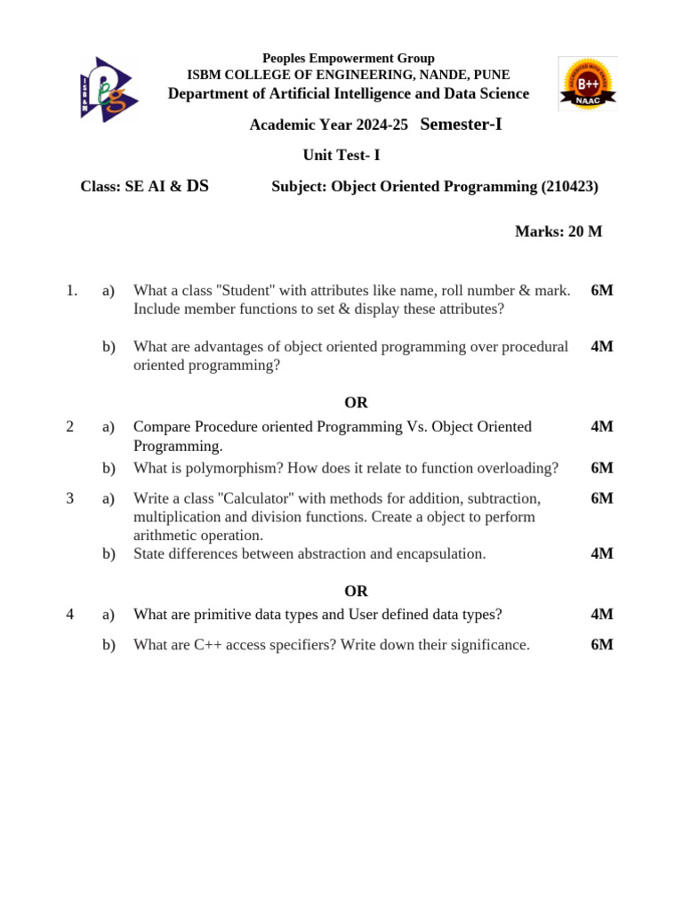 Object Oriented Programming Unit Test 2024 | PDF