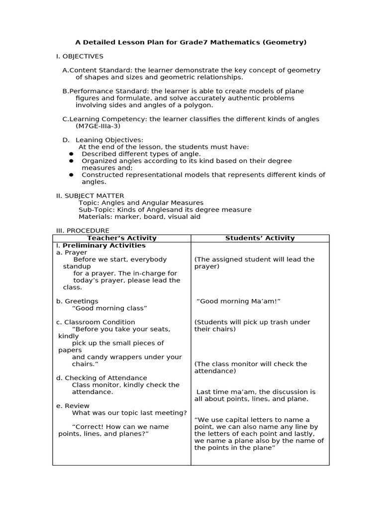 Grade 7 Geometry Lesson Plan: Angles | PDF | Angle | Geometry