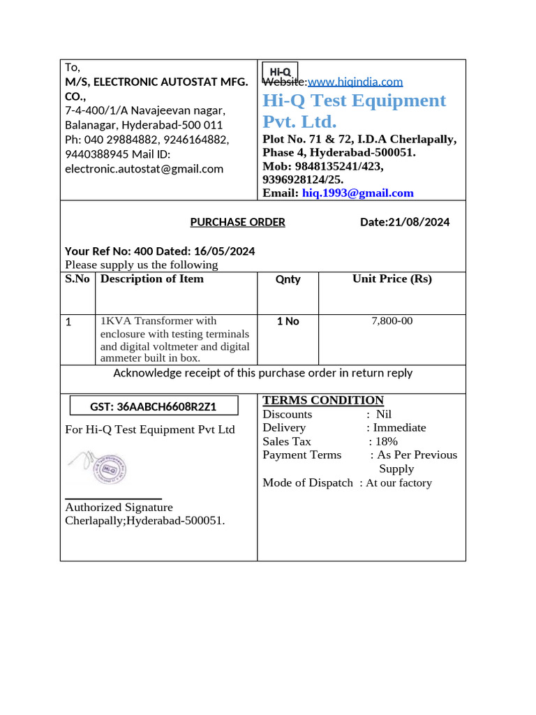 Electronic Autostat Purchase Order 16.05.24 | PDF