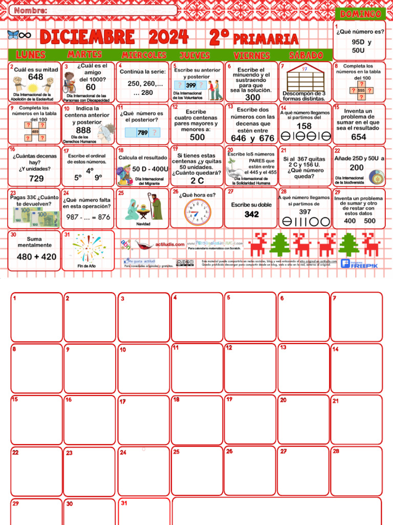 2°? Calendario Matemático DICIEMBRE-24-25 Actiludis? | PDF