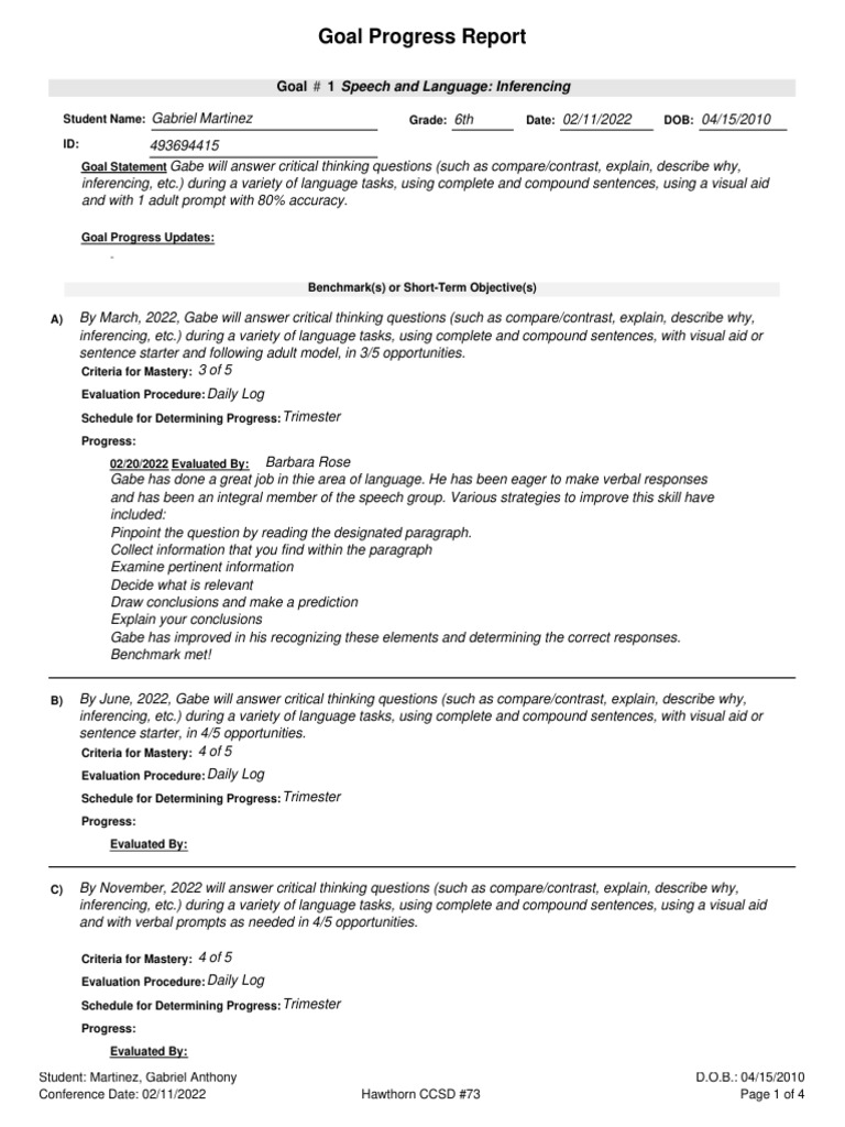 2021-22 IEP Progress Report - Winter | PDF | Word | Vocabulary