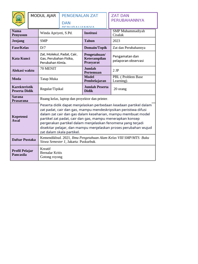 BAB II Modul Ajar IPA KLS 7 - ZAT DAN PERUBAHANNYA | PDF