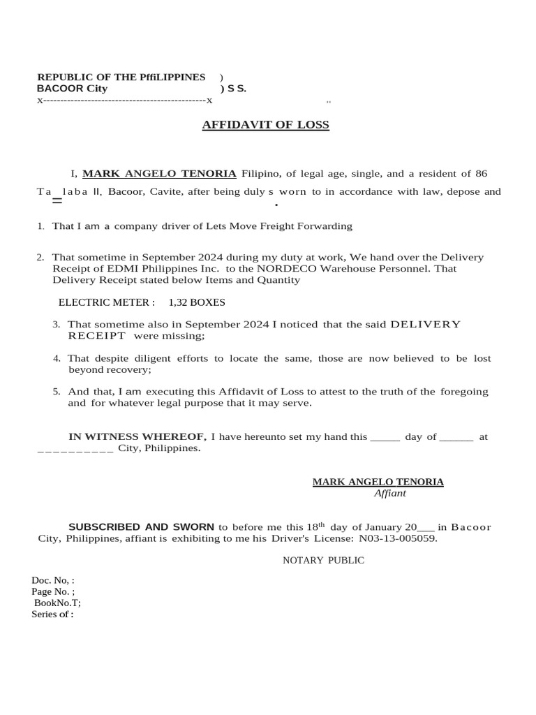 Affidavit of Loss for Delivery Receipt | PDF