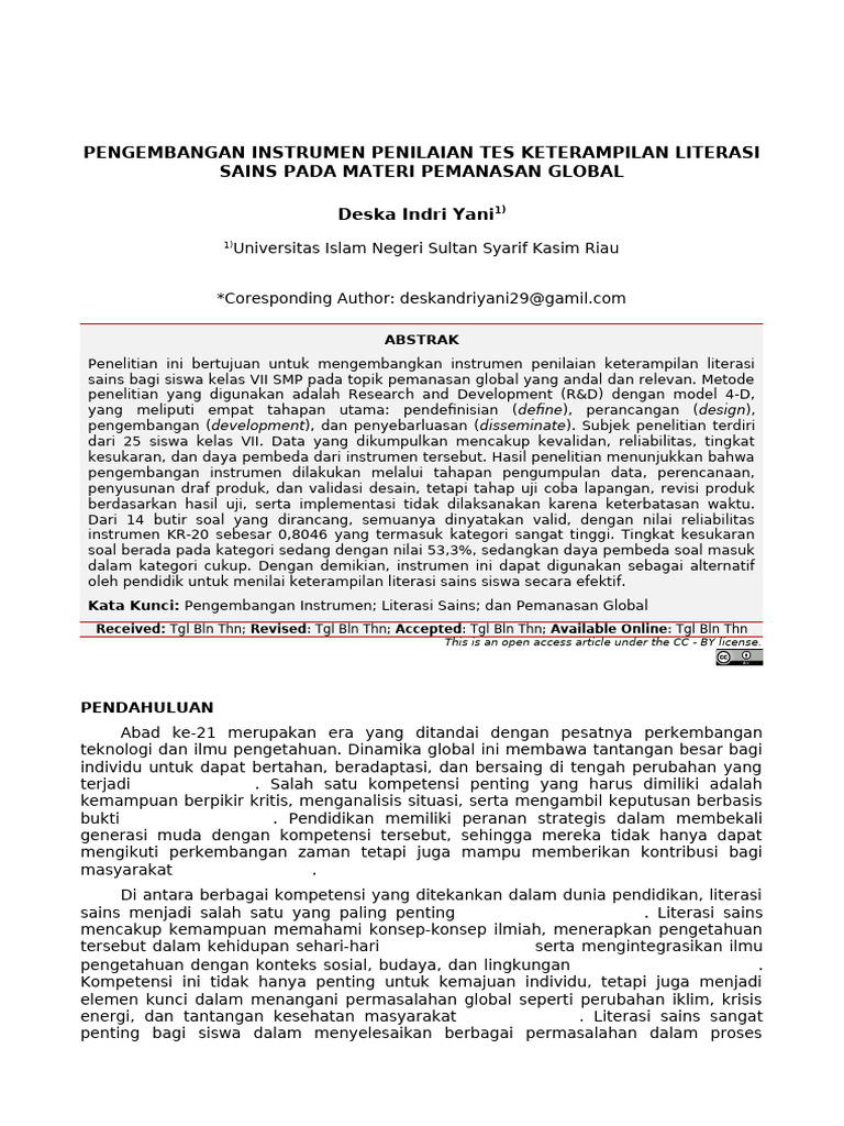 Pengembangan Instrumen Tes Literasi Sains (Template_jpm) | PDF