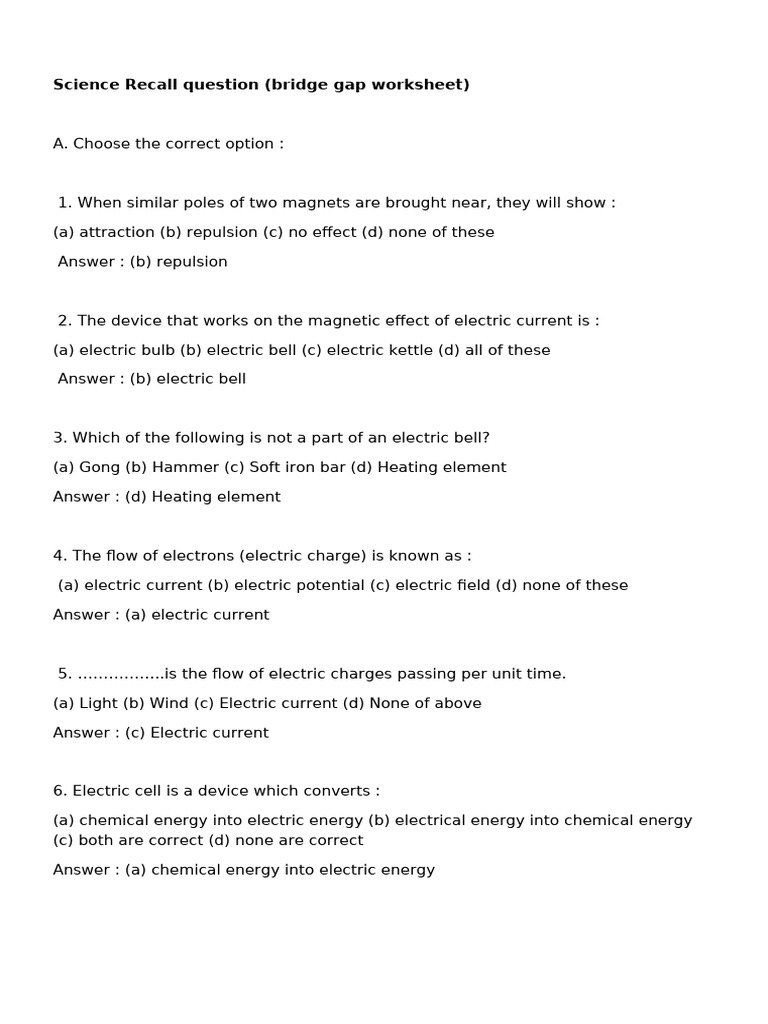 RECALL (BRIDGE GAP WORKSHEET) 2 August | PDF