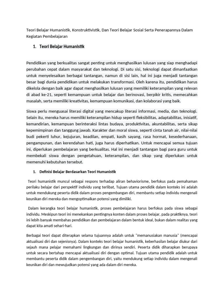 Teori Belajar Humanistik dan Penerapannya | PDF