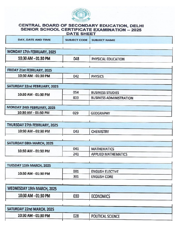 Cbse Routine XII | PDF