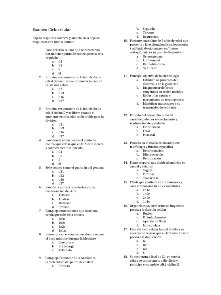 Examen Ciclo celular 17-18 | PDF | Mitosis | Biología Celular