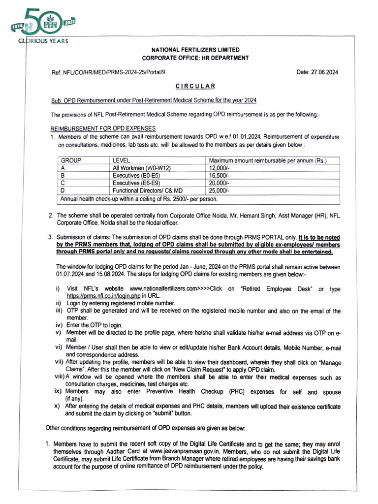 Circular Opd (PRMS) Reimbursement Jan-June 2024 | PDF