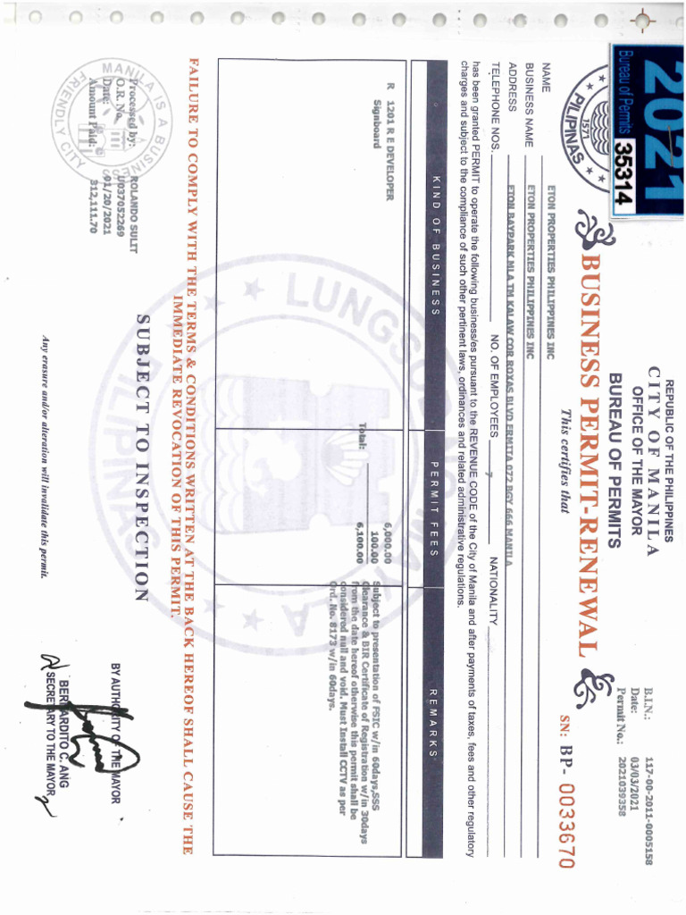 01 Eppi-Manila City Ebm Business Permit 2021 | PDF