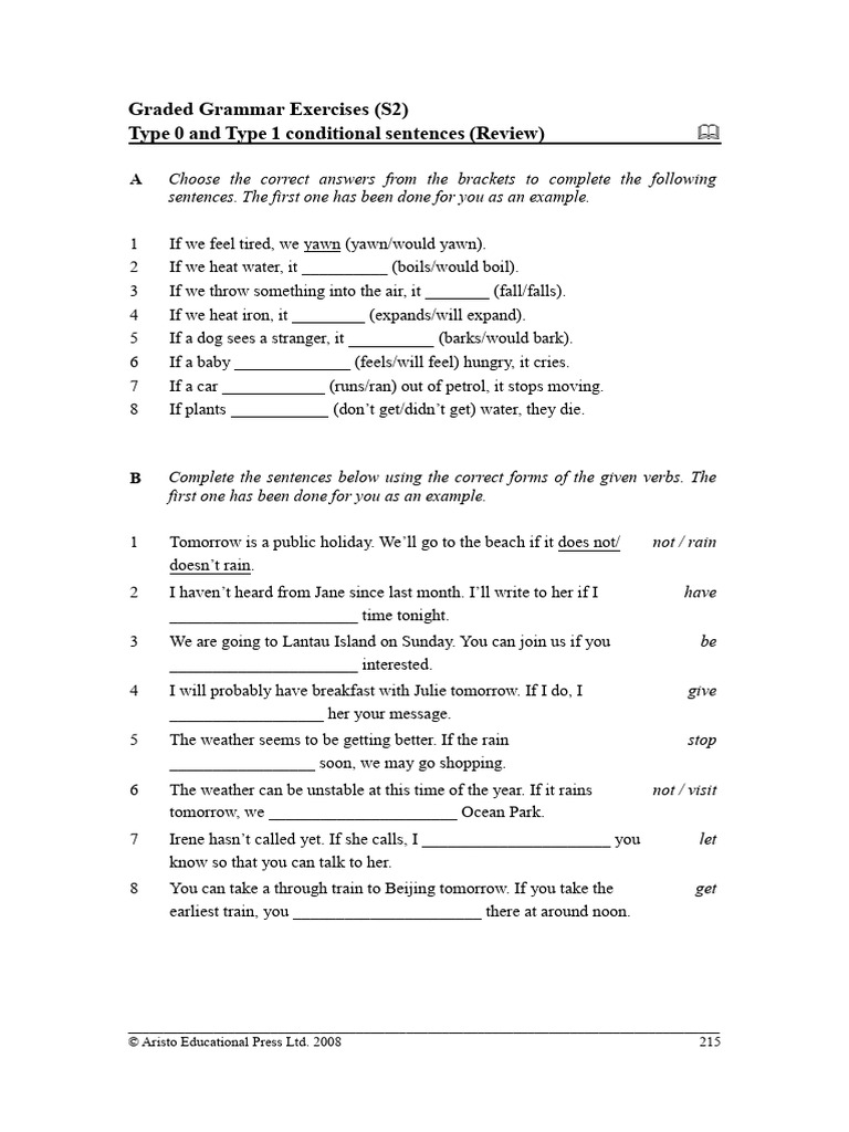 Type 0 and 1 Conditional Exercises | PDF | Linguistic Typology ...