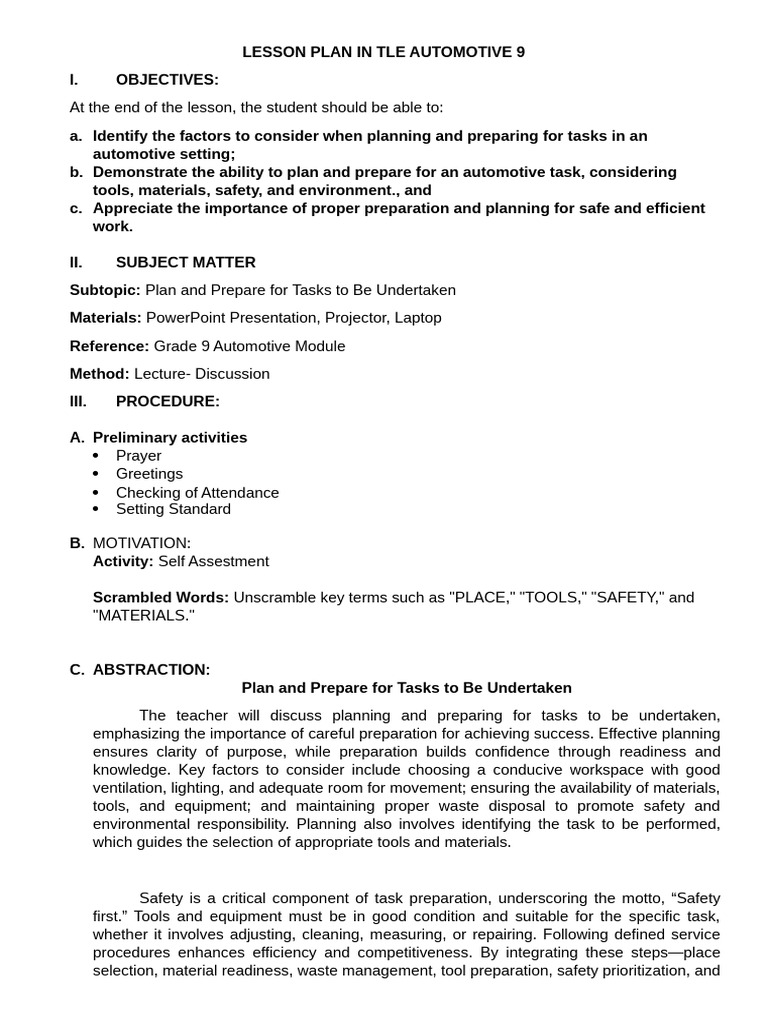LESSON PLAN Plan and Prepare For Tasks To Be Undertaken | PDF | Lesson ...