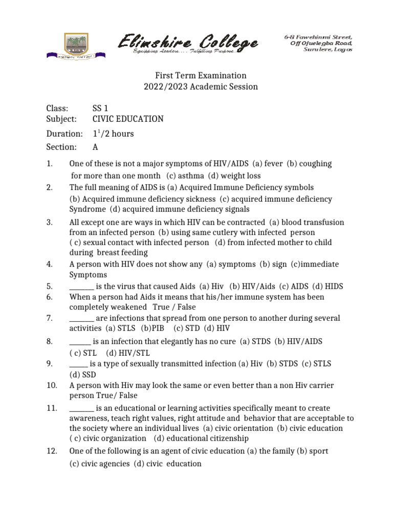 Civic SS 1 Q Exam 1st Term | PDF | Hiv/Aids | Sexually Transmitted ...