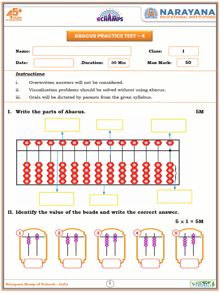 Abacus Class-I Practice Test-4 QP | PDF