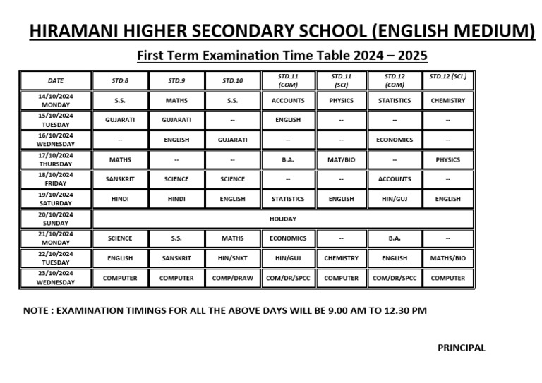 First Term Exam Time Table 2024-25 | PDF