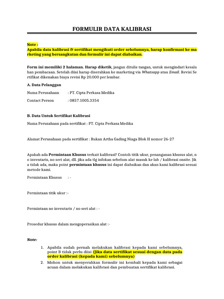 Y. Formulir Data Kalibrasi | PDF