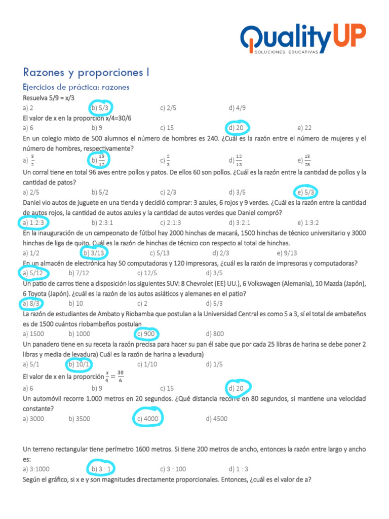 Ejercicios de Razones y Proporciones | PDF