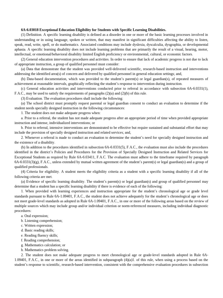 6A-6.03018 Exceptional Education Eligibility For Students With Specific ...