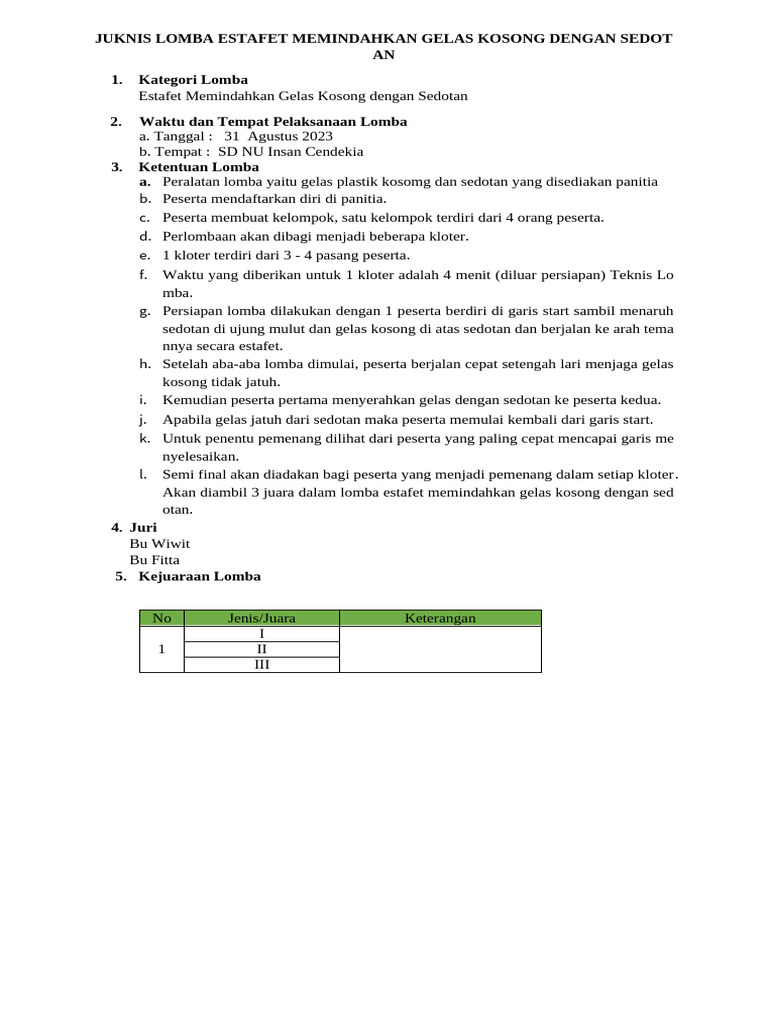 Juknis Lomba Estafet Gelas Sedotan | PDF