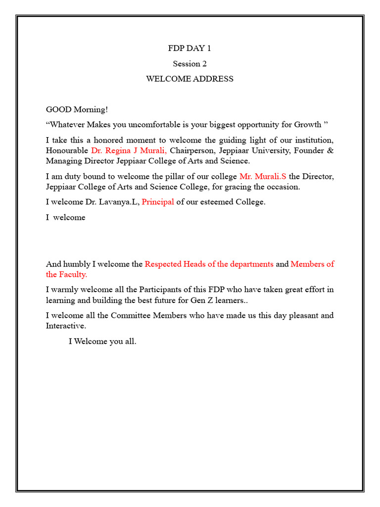 FDP Day 1 Welcome Address Highlights | PDF