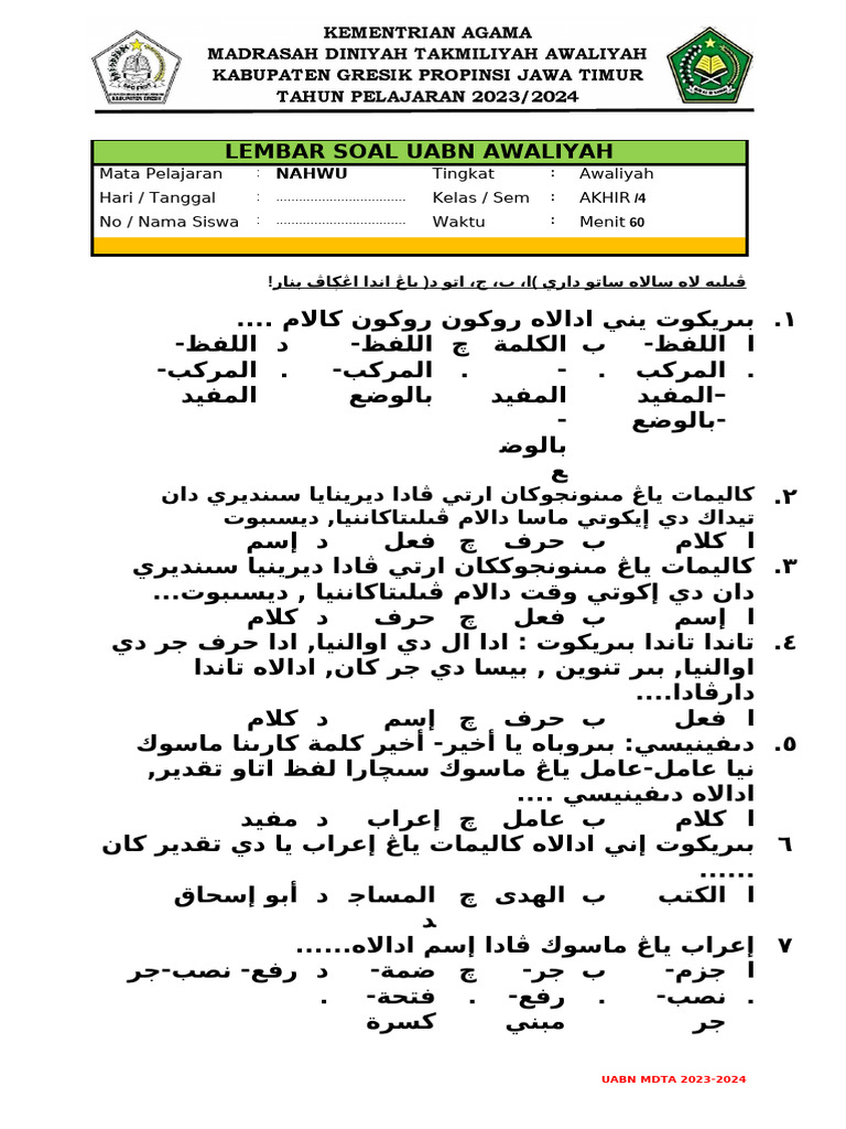 5. SOAL NAHWU UABN MDTA TAHUN 2023-2024 | PDF