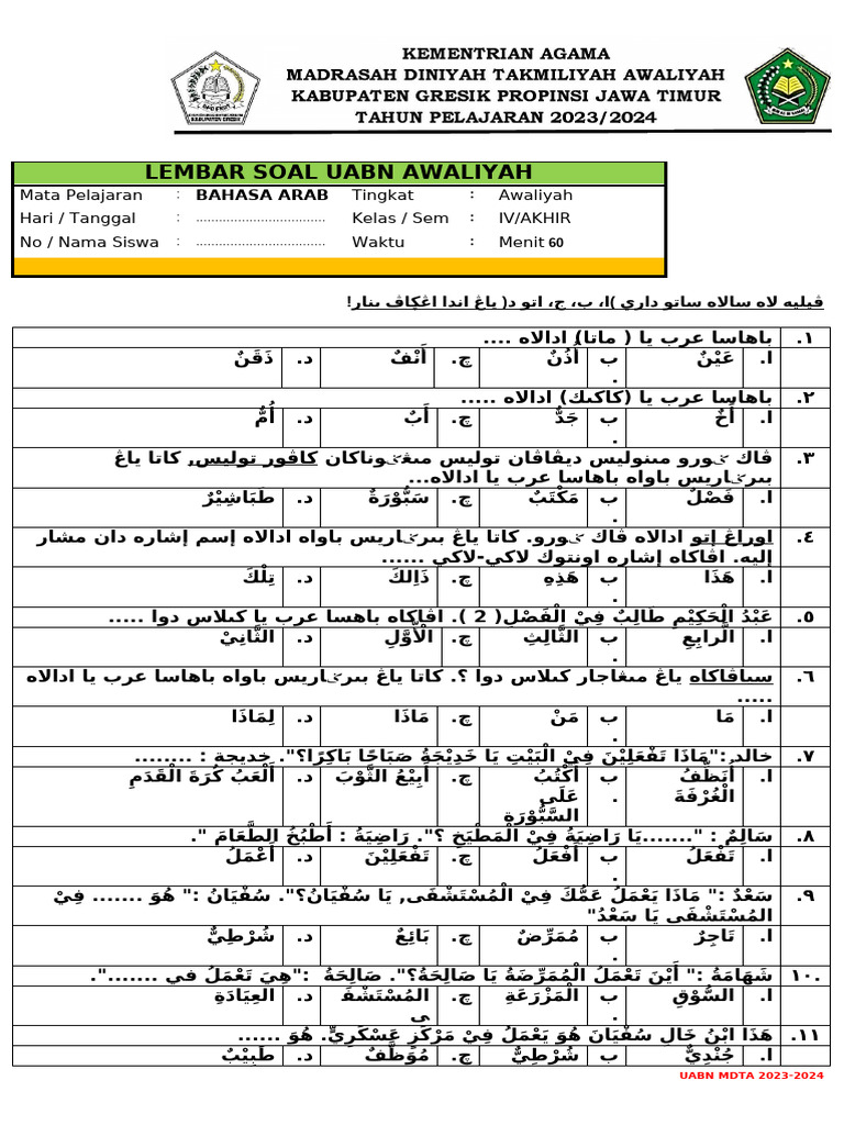 Soal BHS Arab Uabn Mdta Tahun 2023-2024 Ok | PDF
