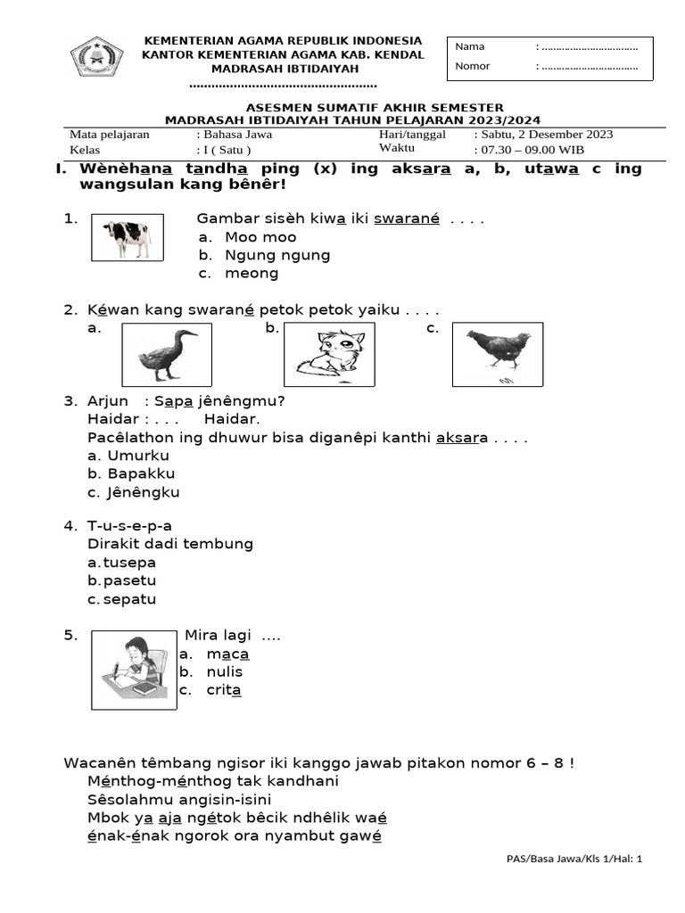 Soal Pas Bahasa Jawa Kls 1 | PDF