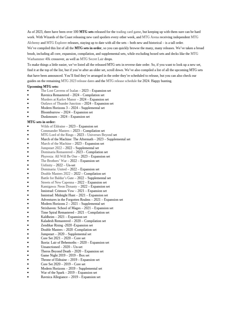 Complete List of MTG Sets (2023) | PDF | Trading Cards | Wizards Of The ...