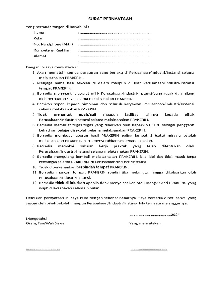 Surat Pernyataan PKL | PDF