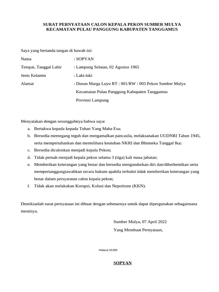 Surat Pernyataan Calon Kepala Pekon Sumber Mulya | PDF