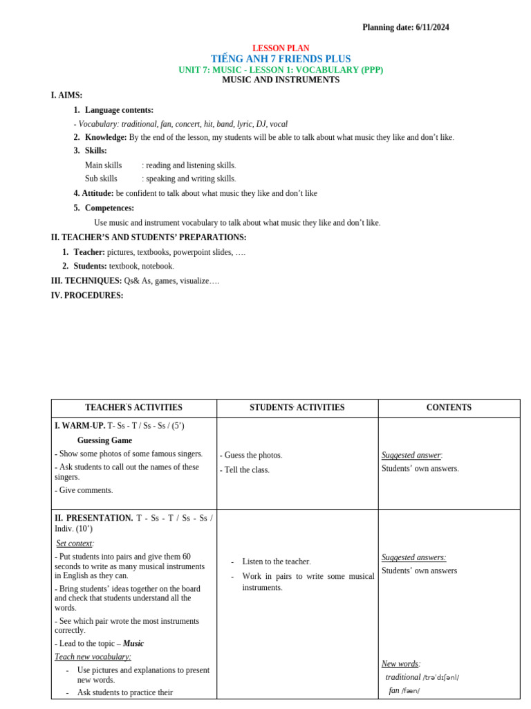 Friends Plus 7 - Lesson Plan - Unit 7 | PDF | Question | Lesson Plan