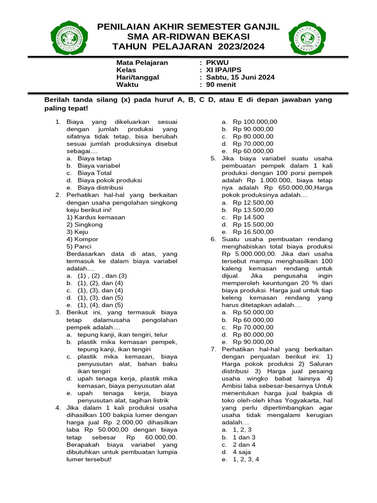 SOAL PSAJ KELAS XI PKWU 2024 | PDF